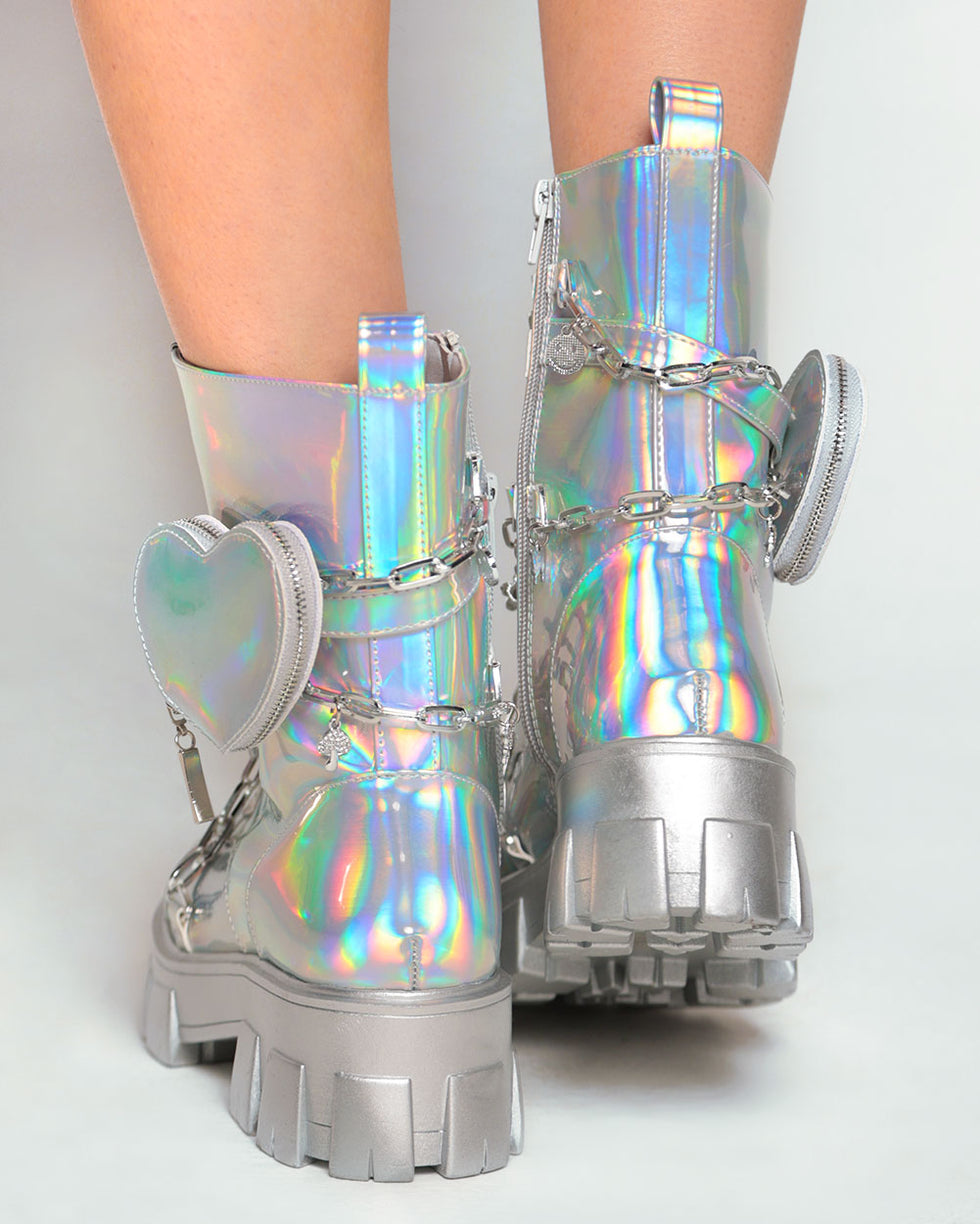 Dreamy Dazzle Holo Combat Boots With Charms & Heart Pocket – iHeartRaves