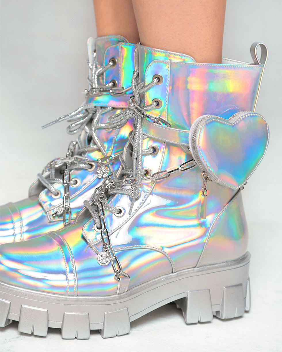 Dreamy Dazzle Holo Combat Boots With Charms & Heart Pocket – iHeartRaves