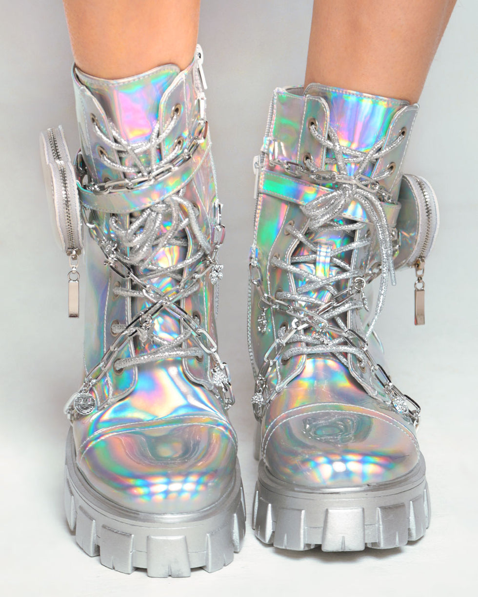 Dreamy Dazzle Holo Combat Boots With Charms & Heart Pocket – iHeartRaves