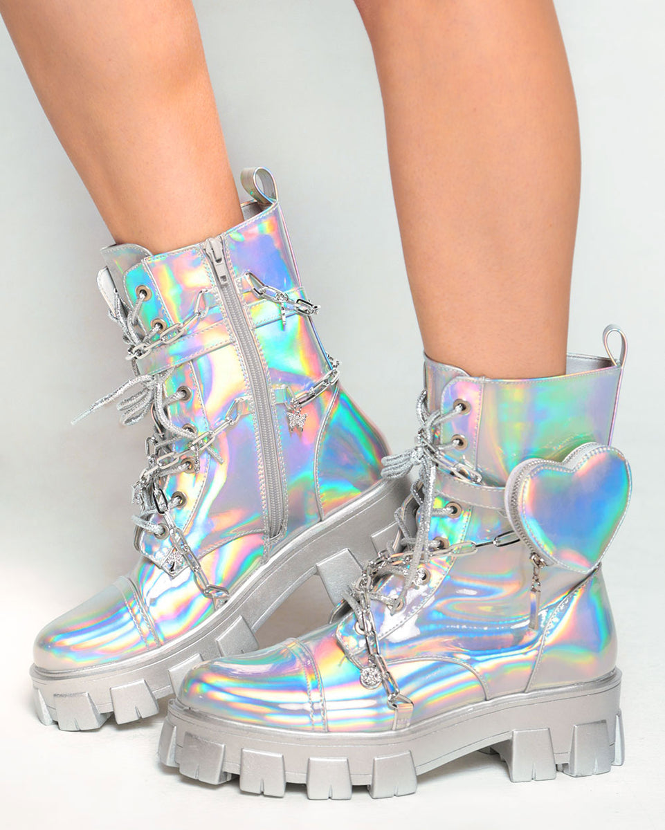 Dreamy Dazzle Holo Combat Boots With Charms & Heart Pocket – iHeartRaves