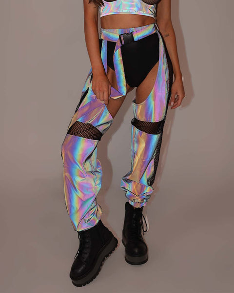 False Alarm Fishnet Rainbow Reflective Chaps – iHeartRaves